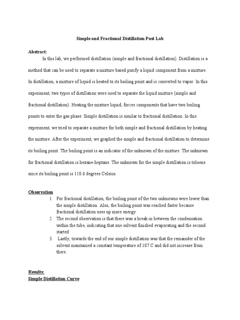 Simple and Fractional Distillation Post Lab Abstract | PDF ...