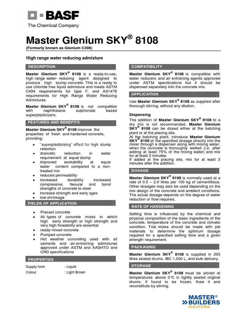Master Glenium SKY 8108: High Range Water Reducing Admixture | PDF | Concrete | Economic Sectors