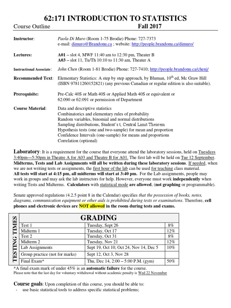 62:171 Introduction To Statistics: Course Outline Fall 2017 | PDF ...