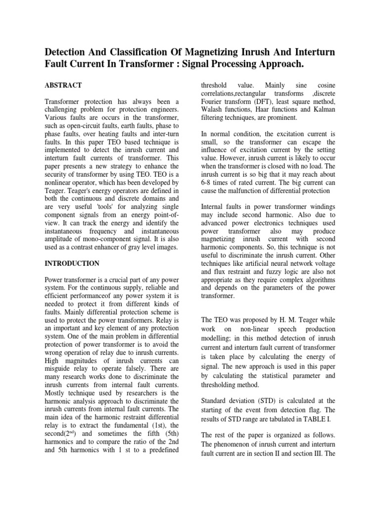 Detection and Classification of Magnetizing Inrush and Interturn Fault ...