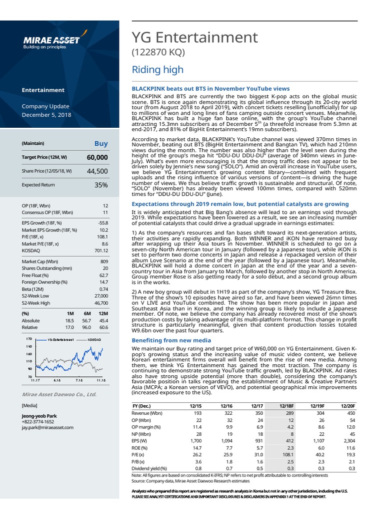 YG Entertainment (122870 KQ - Buy) | PDF | Financial Analyst | Earnings ...