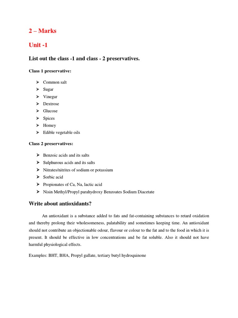 2 - Marks Unit - 1: List Out The Class - 1 and Class - 2 Preservatives ...