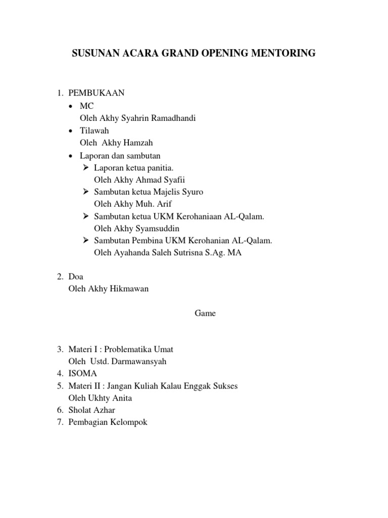 Susunan Acara Grand Opening Mentoring | PDF