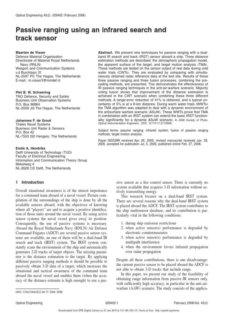 Passive Ranging Using An Infrared Search and Track Sensor | Download ...