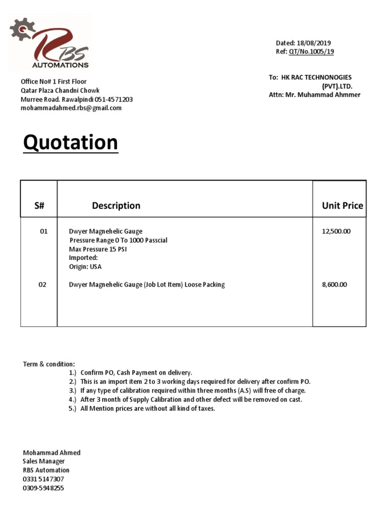 Quotation: S# Description Unit Price | PDF