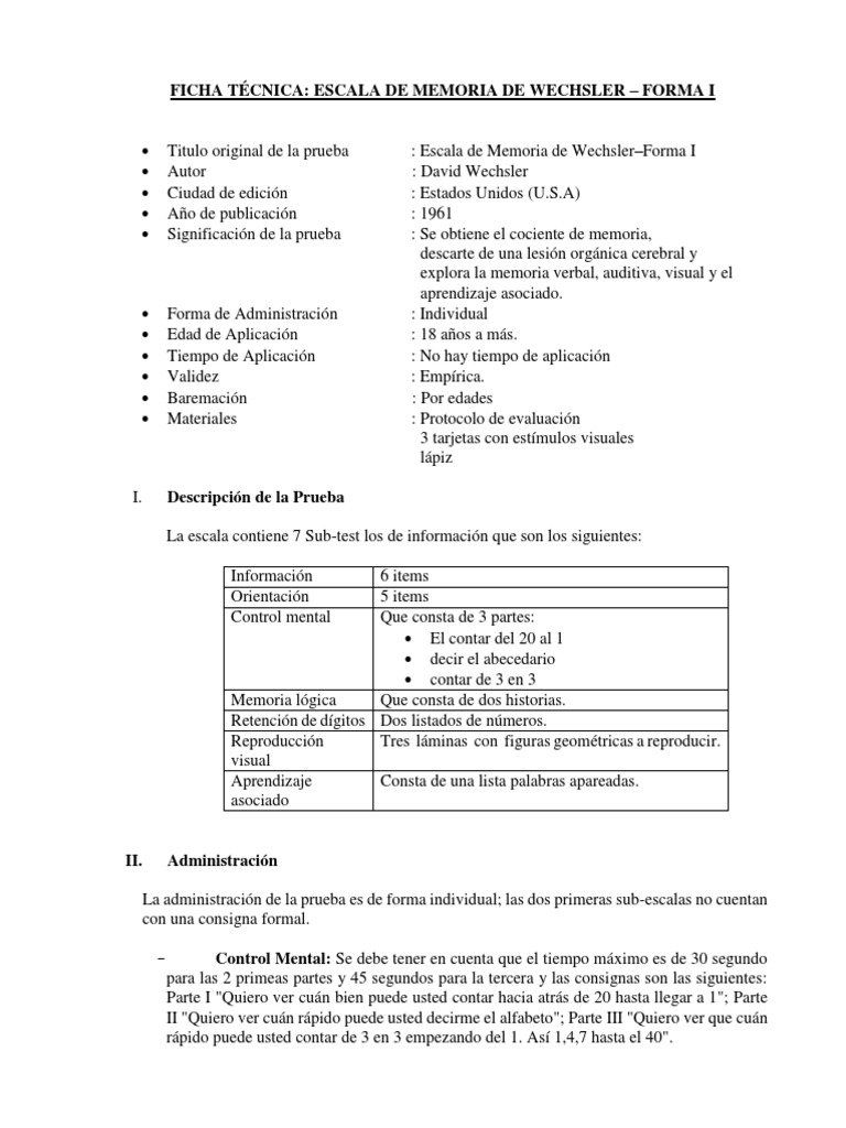 Escala de Memoria de Weschler I | PDF | Memoria | Neuropsicología