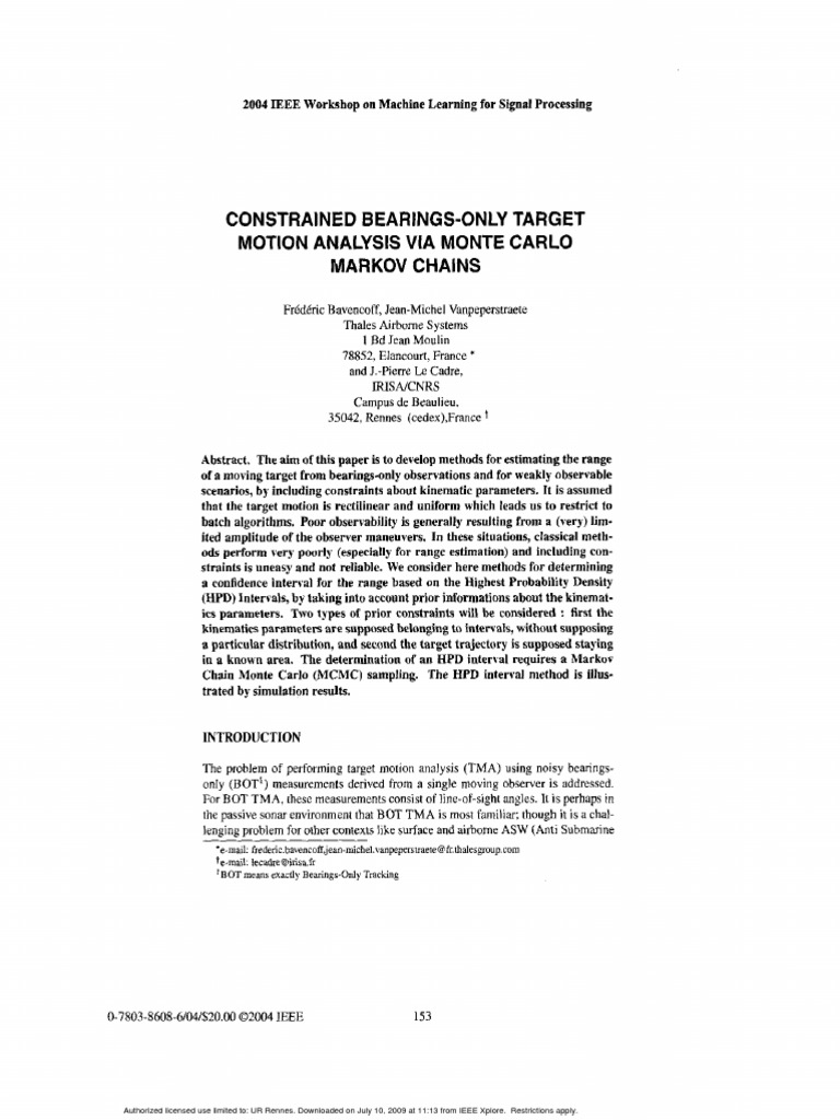 Constrained Bearings-Only Target Motion Analysis Monte Carlo Markov Chains | Download Free PDF ...