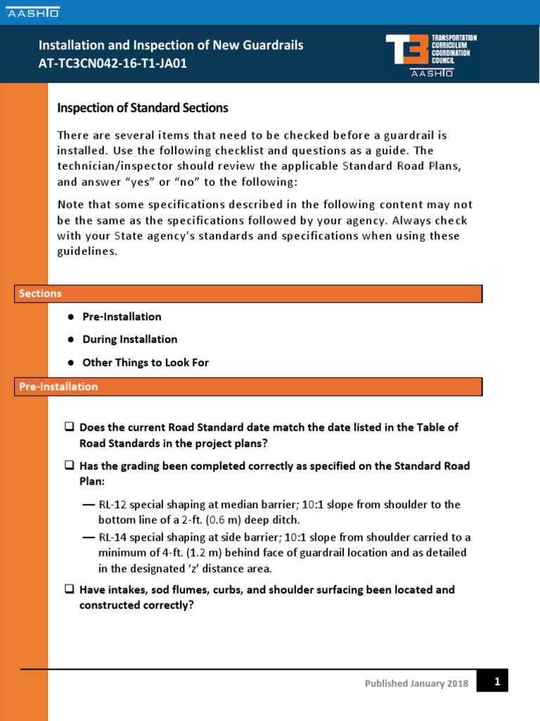 Inspection of Standard Sections: Installation and Inspection of New ...