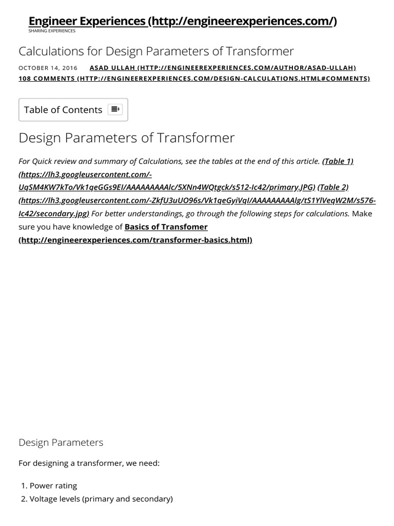 Calculations For Design Parameters of Transformer - Engineer ...