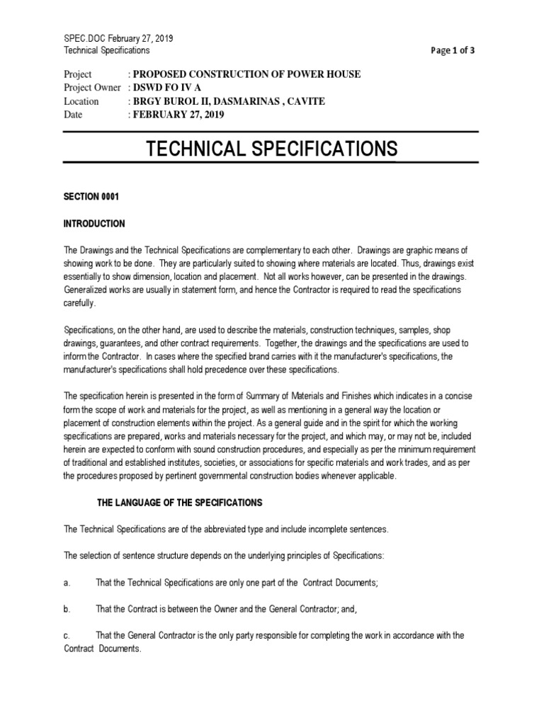 Power House Electrical Specs. | Specification (Technical Standard ...