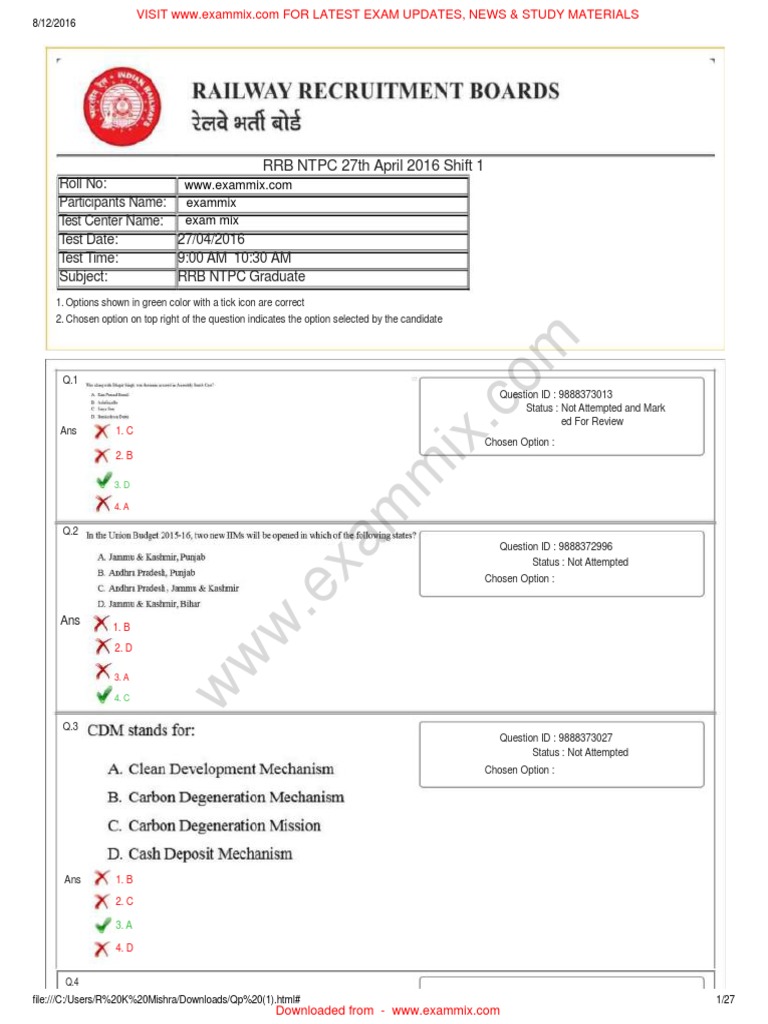 RRB NTPC CBT-1 Question Paper 27th April All Shift (English) | PDF ...