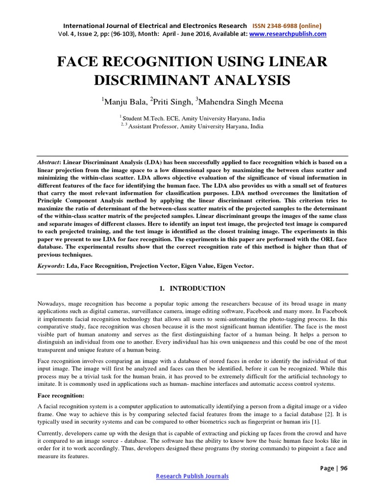 Face Recognition Using Linear Discriminant Analysis: Manju Bala, Priti Singh, Mahendra Singh ...