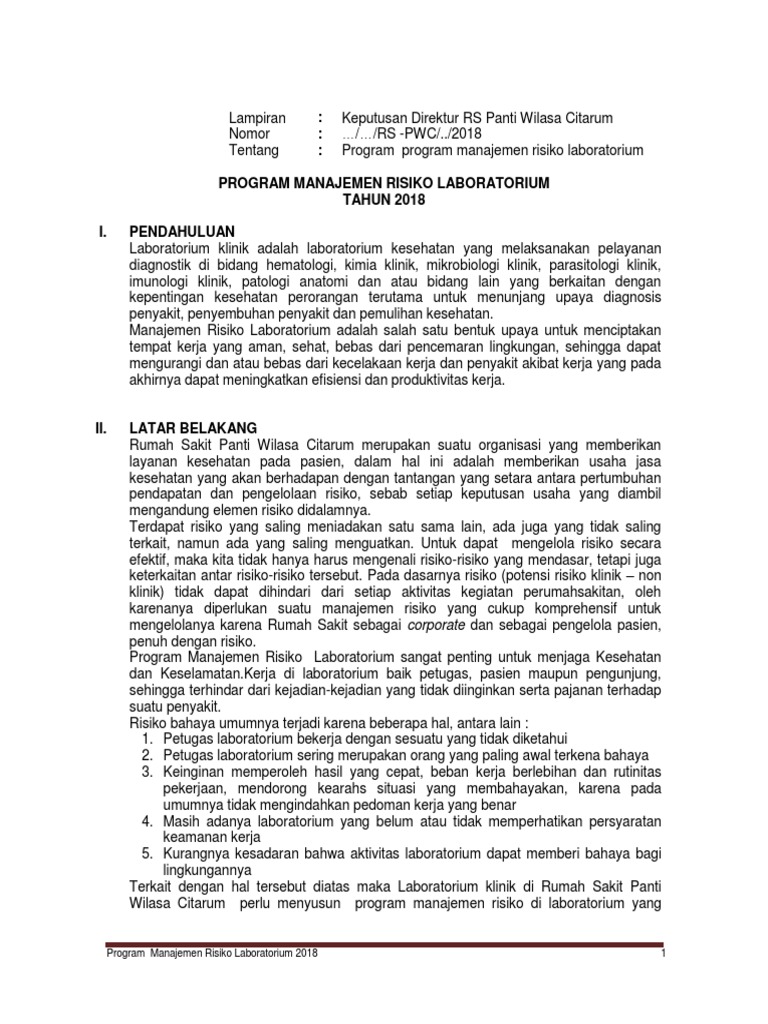 Program Manajemen Risiko Laboratorium 2018 PDF | PDF
