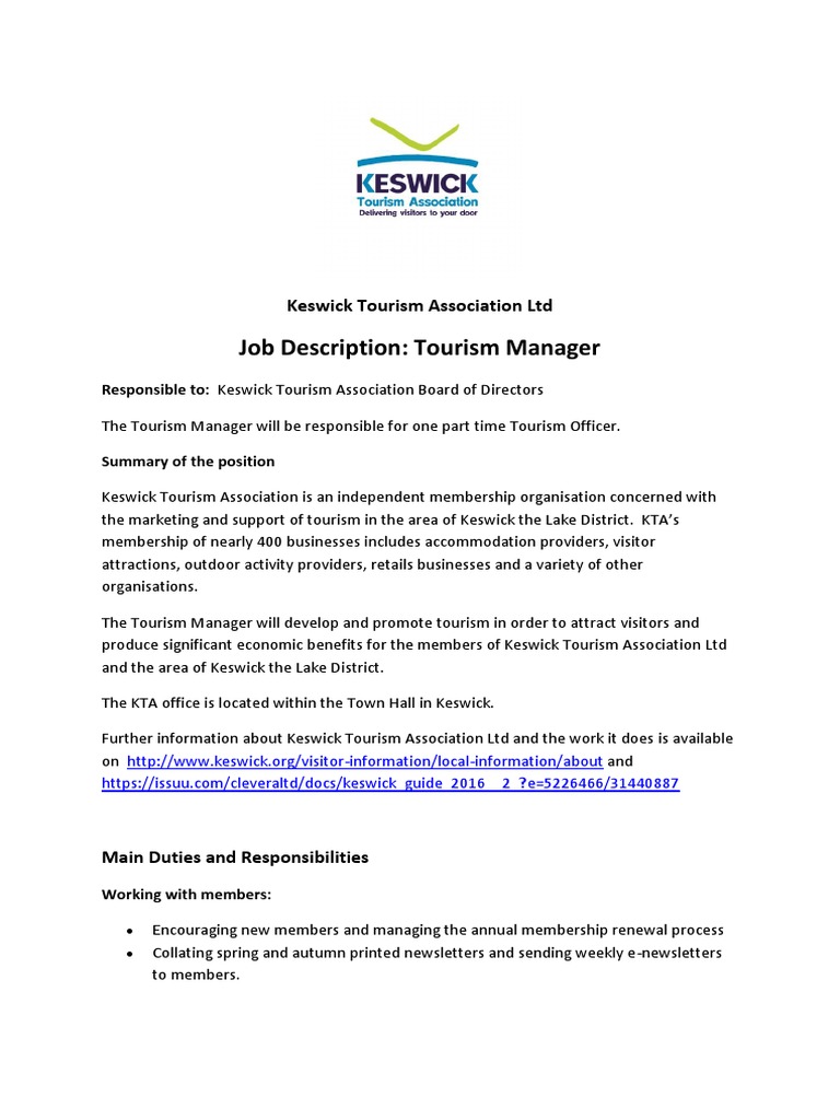Tourism Manager Job Description v.5 | PDF | Tourism | Public Relations