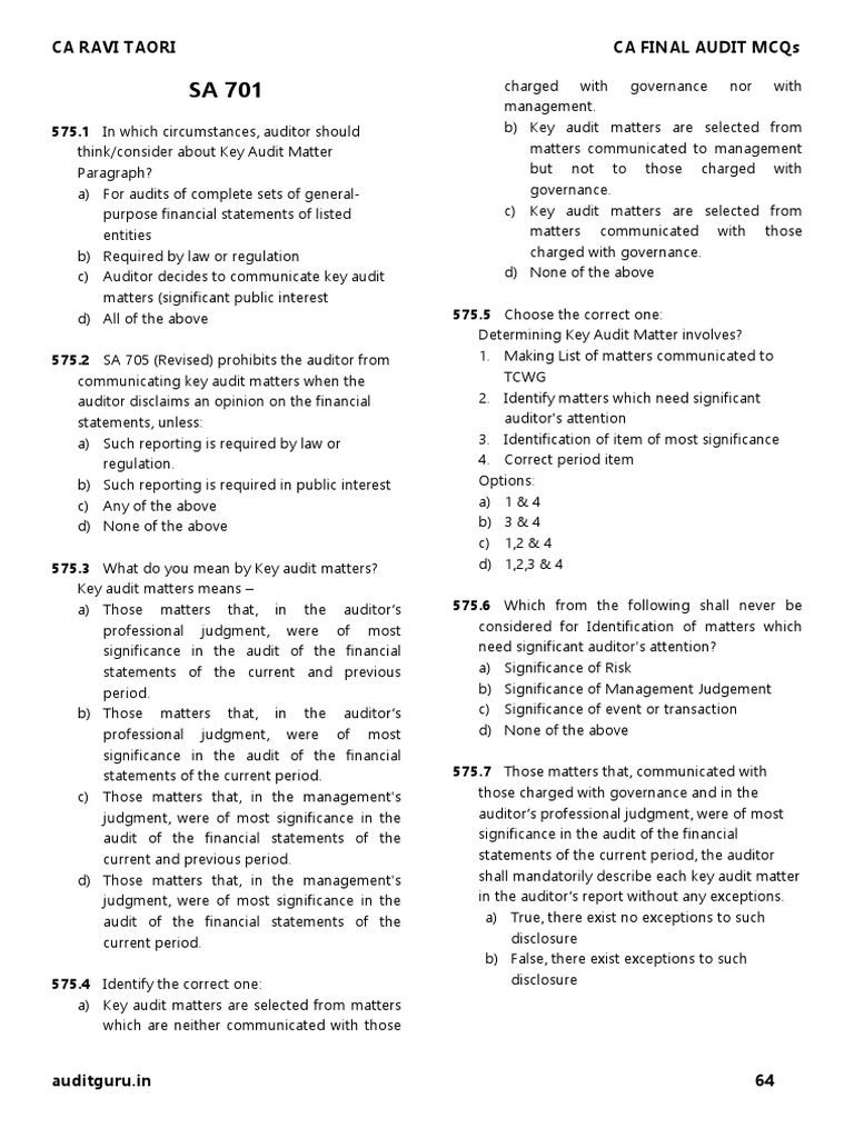 SA 701 MCQs | PDF | Auditor's Report | Audit