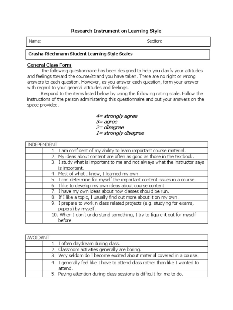Grasha-Riechmann Learning Styles Survey | PDF | Students | Teachers