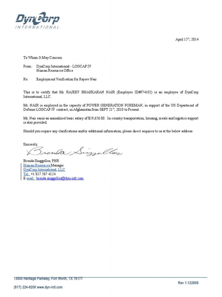 Human Resources Dyncorp International LLC Tel: Mail:: 13500 Heritage ...