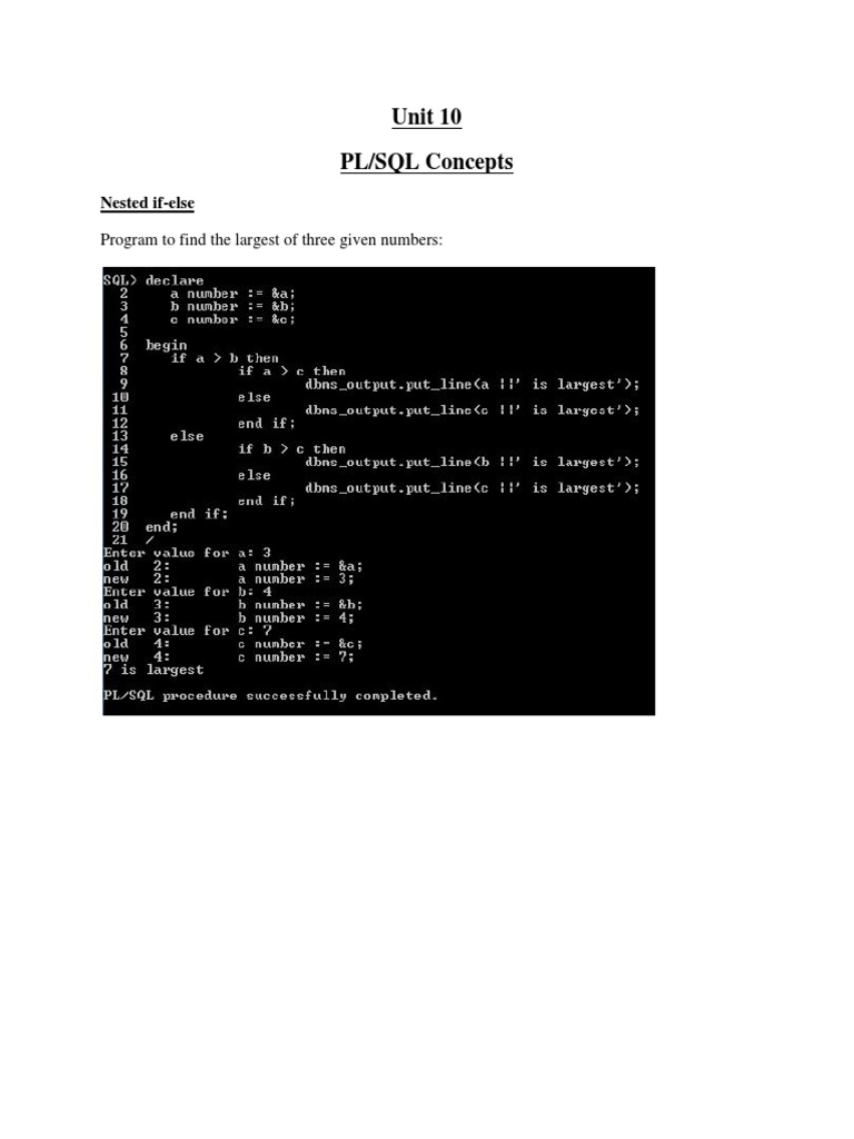 Unit 10 PL/SQL Concepts: Nested If-Else | PDF Unit 10 PL/SQL Concepts: Nested If-Else | PDF