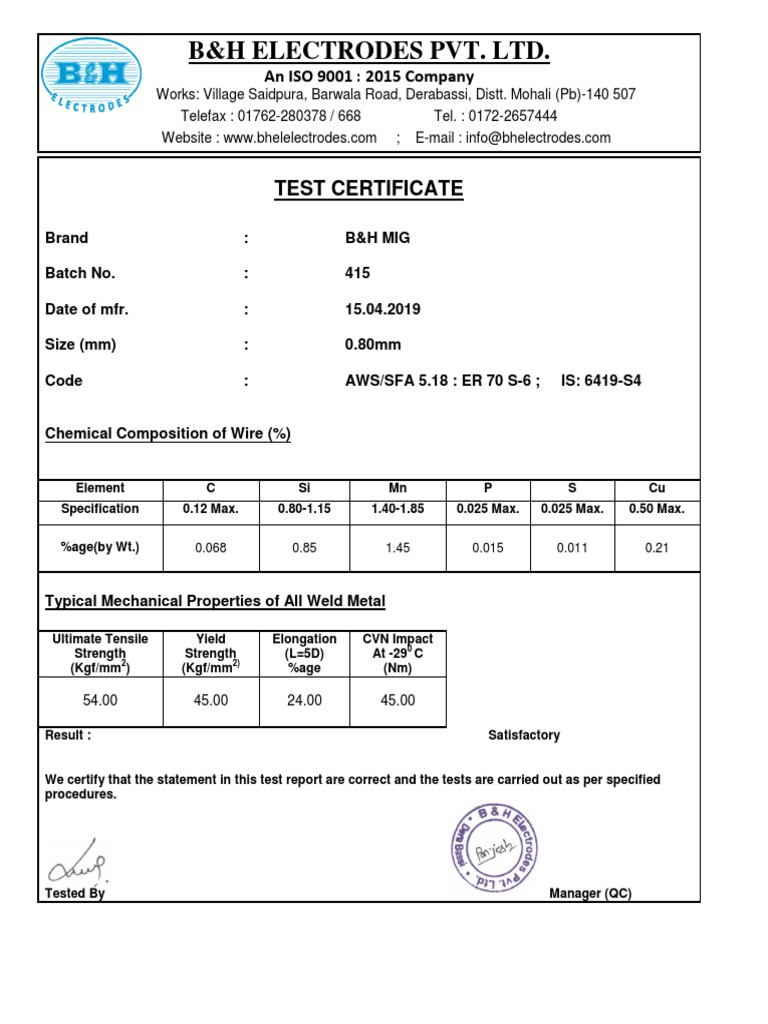B&H Electrodes Pvt. LTD.: Test Certificate | PDF