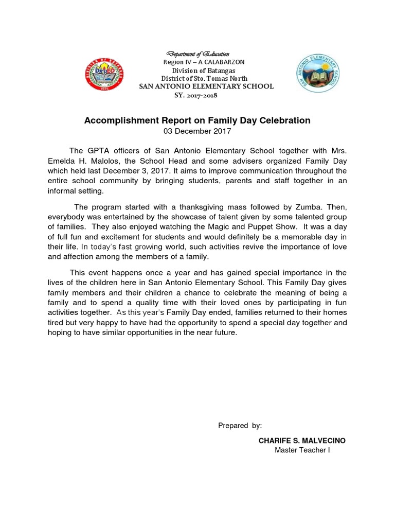 Accomplishment Report On Family Day Celebration | PDF | Behavior ...