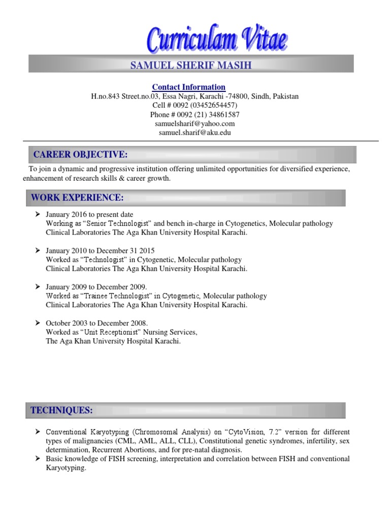 Samuel Sherif Masih: Career Objective | PDF | Cytogenetics | Medical ...