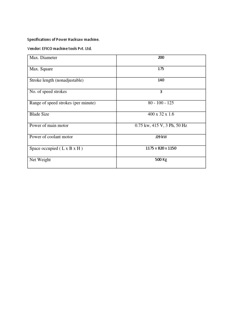 Power Hacksaw Machine Specifications | PDF | Technology & Engineering