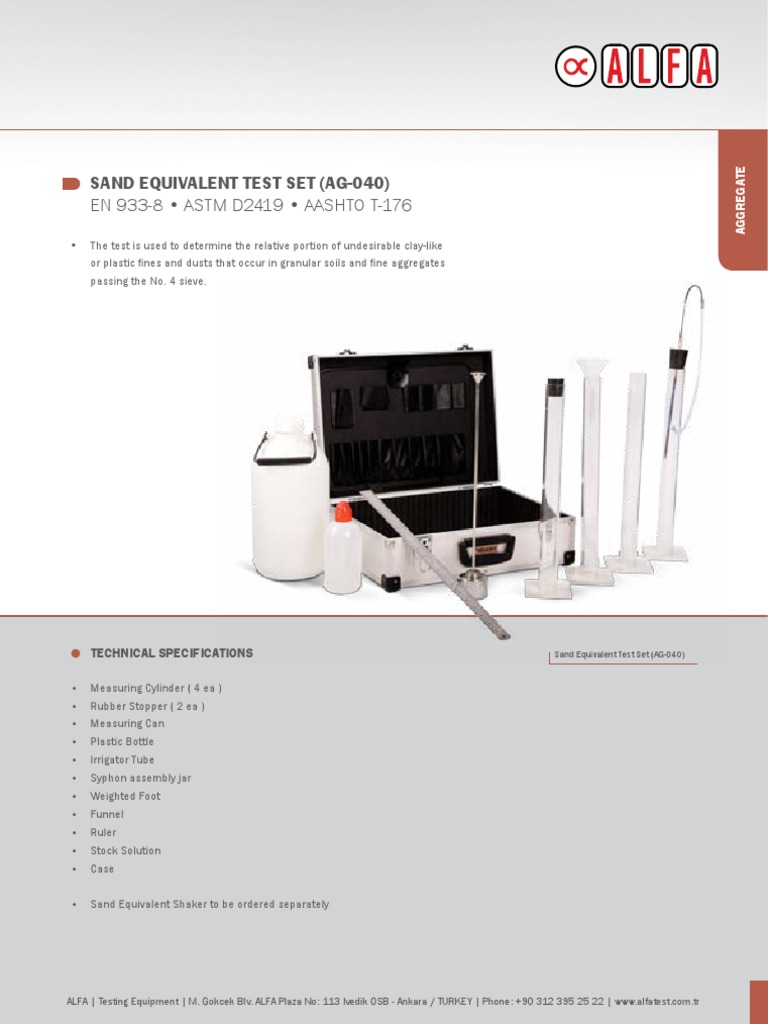 Sand Equivalent Test Set (Ag-040) EN 933-8 - ASTM D2419 - AASHTO T-176 ...
