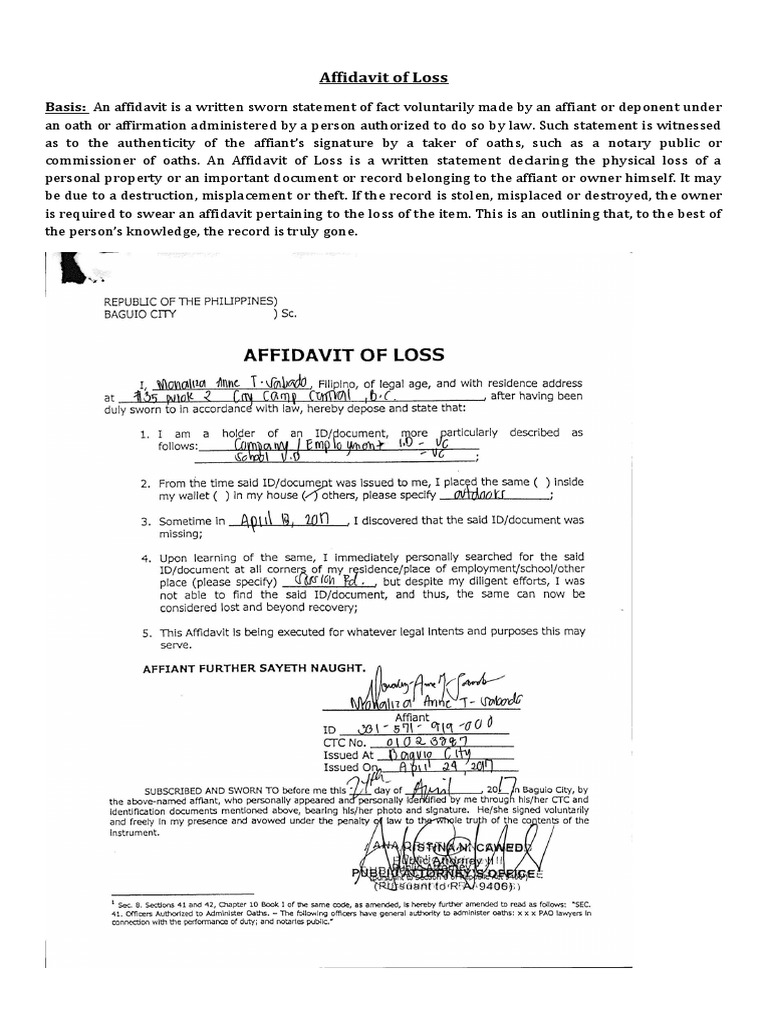 Affidavit of Loss | Download Free PDF | Affidavit | Notary Public