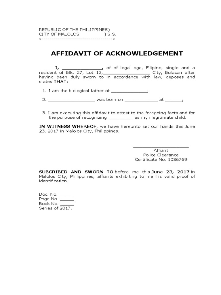 Affidavit of Acknowledgement Sample | PDF