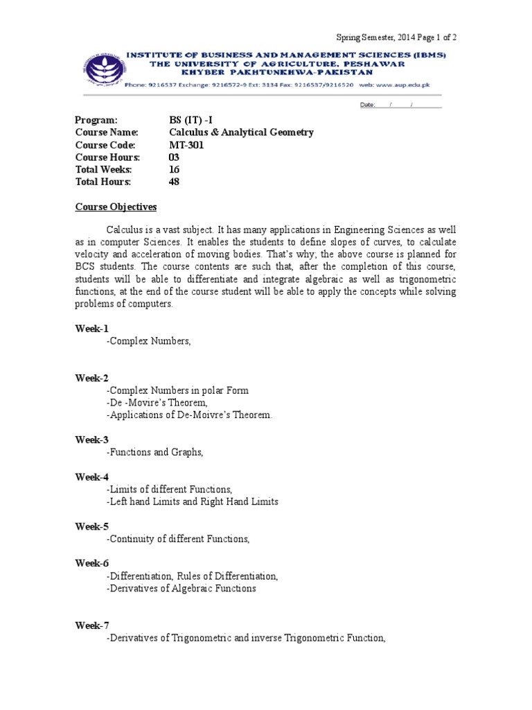 Calculus & Analytical Geometry Course Overview | PDF | Science ...
