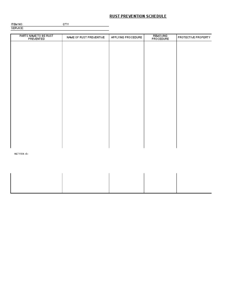 Rust Prevention Schedule: Item No: Q'Ty Service: Parts Name To Be Rust ...