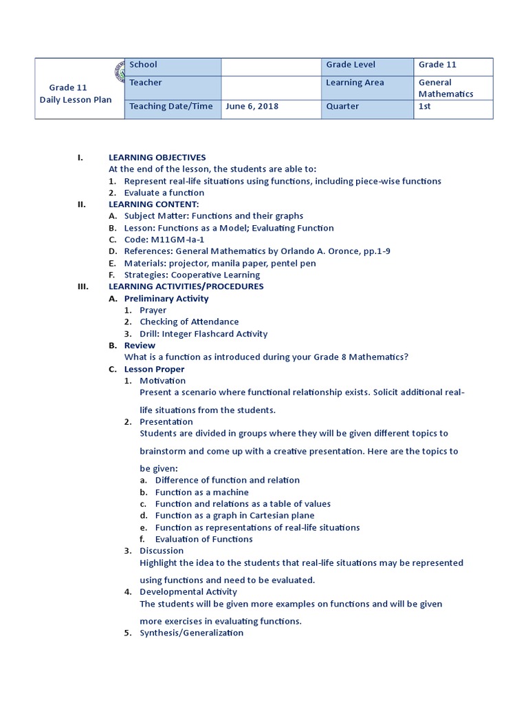 Grade 11 DLP | PDF | Function (Mathematics) | Lesson Plan