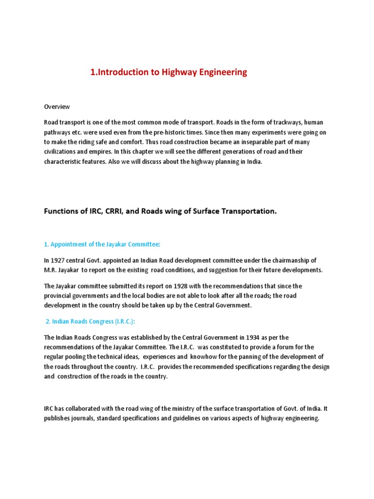 1.introduction To Highway Engineering: Functions of IRC, CRRI, and ...