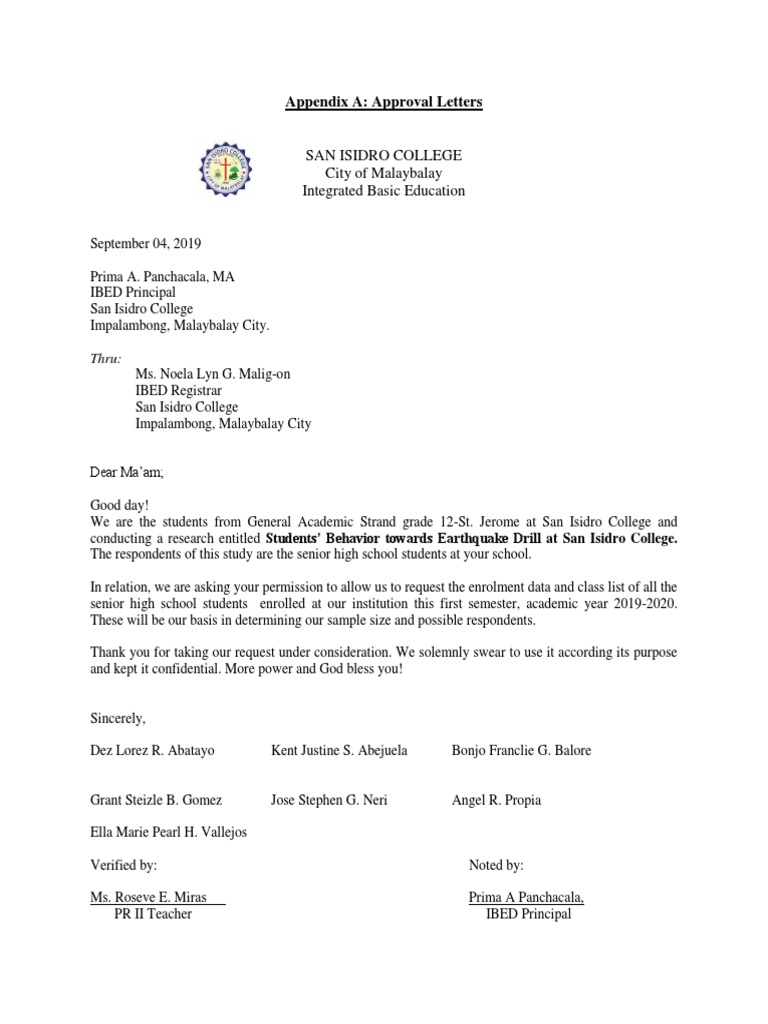 Appendix A: Approval Letters: San Isidro College City of Malaybalay ...