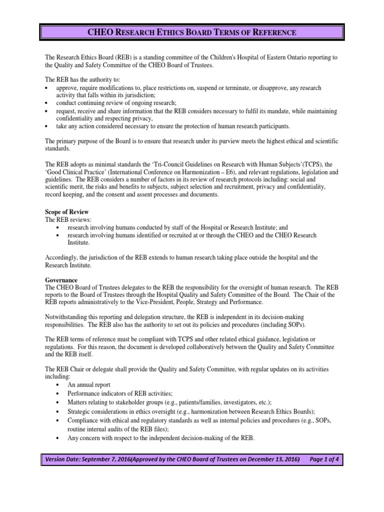 Research Ethics Board Terms of Reference Version Date September 7 2016 ...