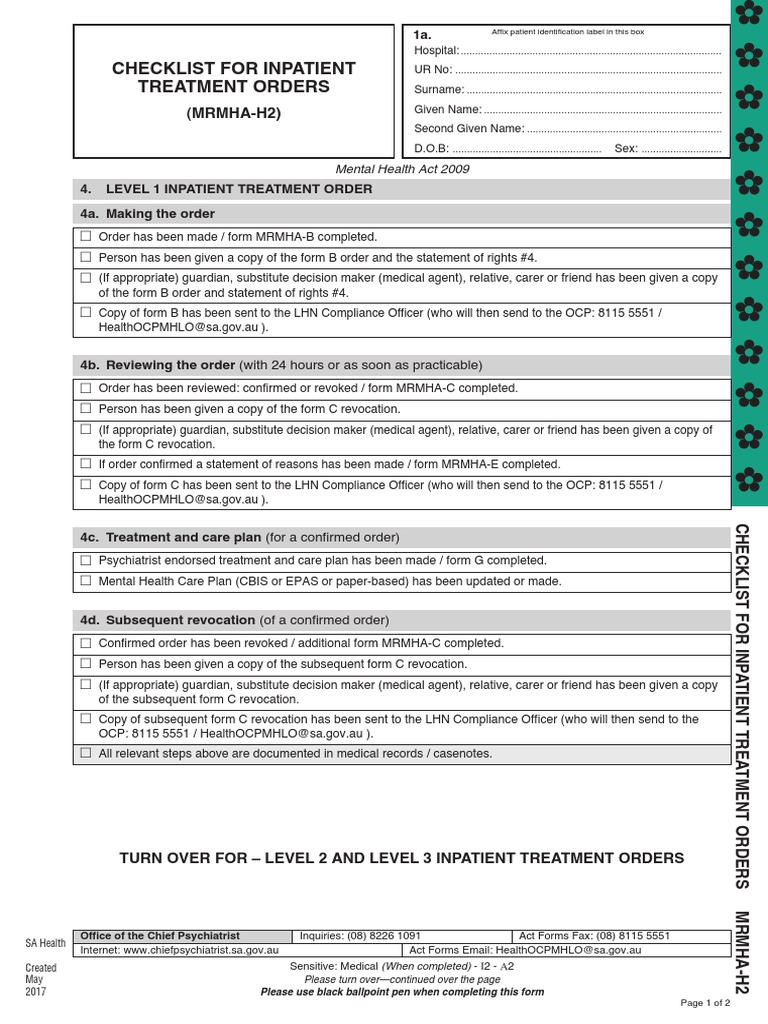 MRMHA H2 Checklist For Inpatient Treatment Orders | Download Free PDF ...