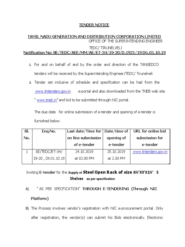 WWW - Tntenders.gov - in WWW - Tneb.in: Steel Open Rack of Size 6 'X3 ...