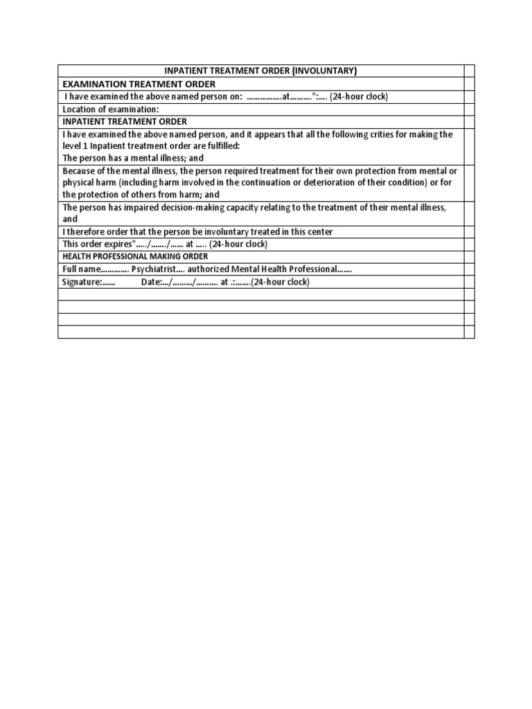 Involuntary Psychiatric Admission and Treatment Order for an Individual ...