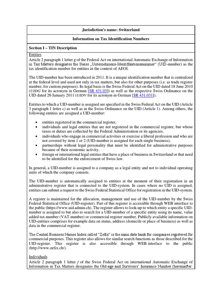 Switzerland TIN | PDF | Switzerland | Identity Document