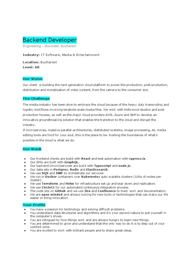 Backend Developer: Engineering - Bucuresti, Bucharest | PDF | Cloud Computing | Computer Engineering