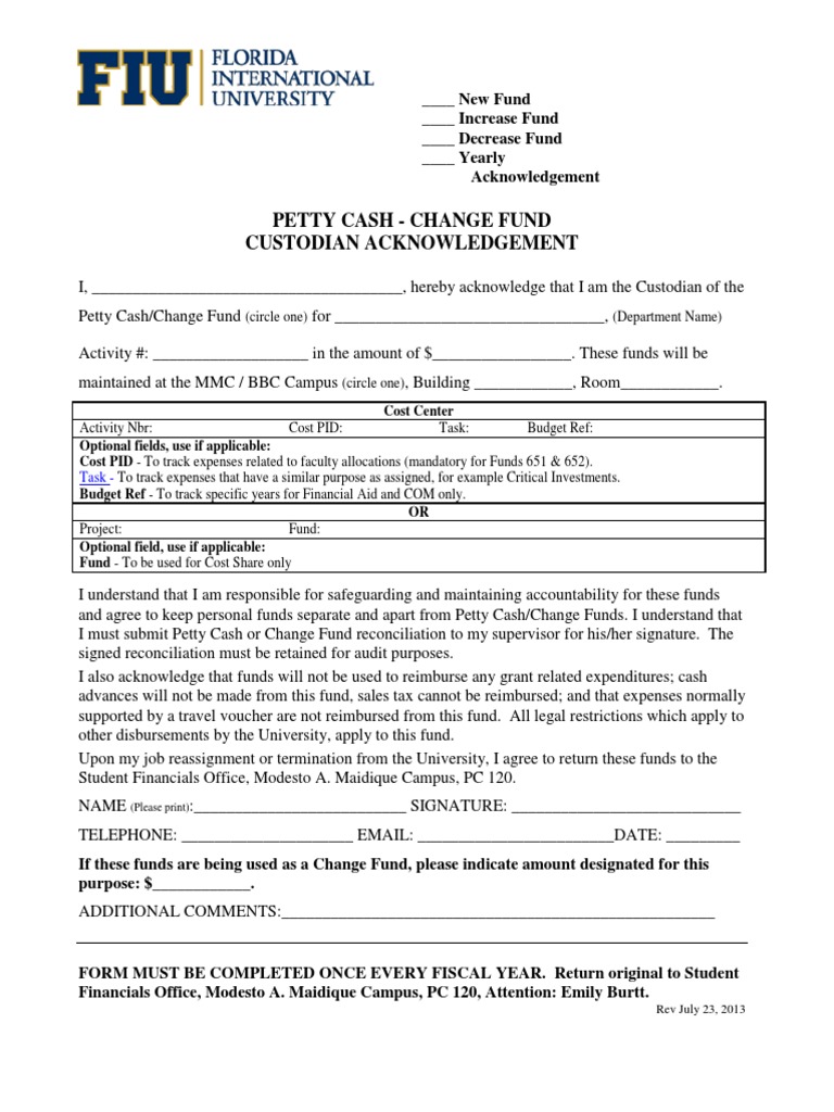 Petty Cash Change Fund Custodian Acknowledgement | PDF | Expense ...
