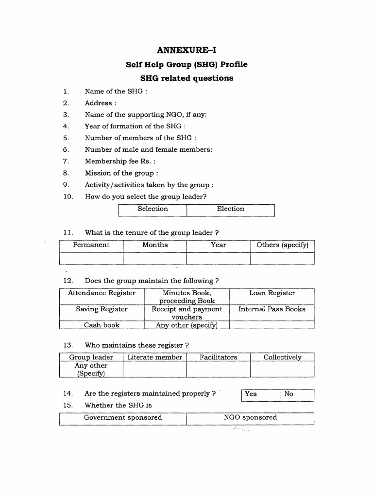 Annexure-I Self Help Group (SHG) Profile SHG Related Questions ...