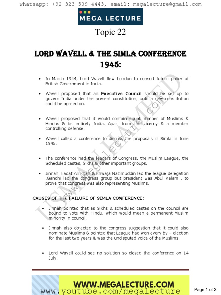 Lord Wavell The Simla Conference 1945 | PDF | Partition Of India ...