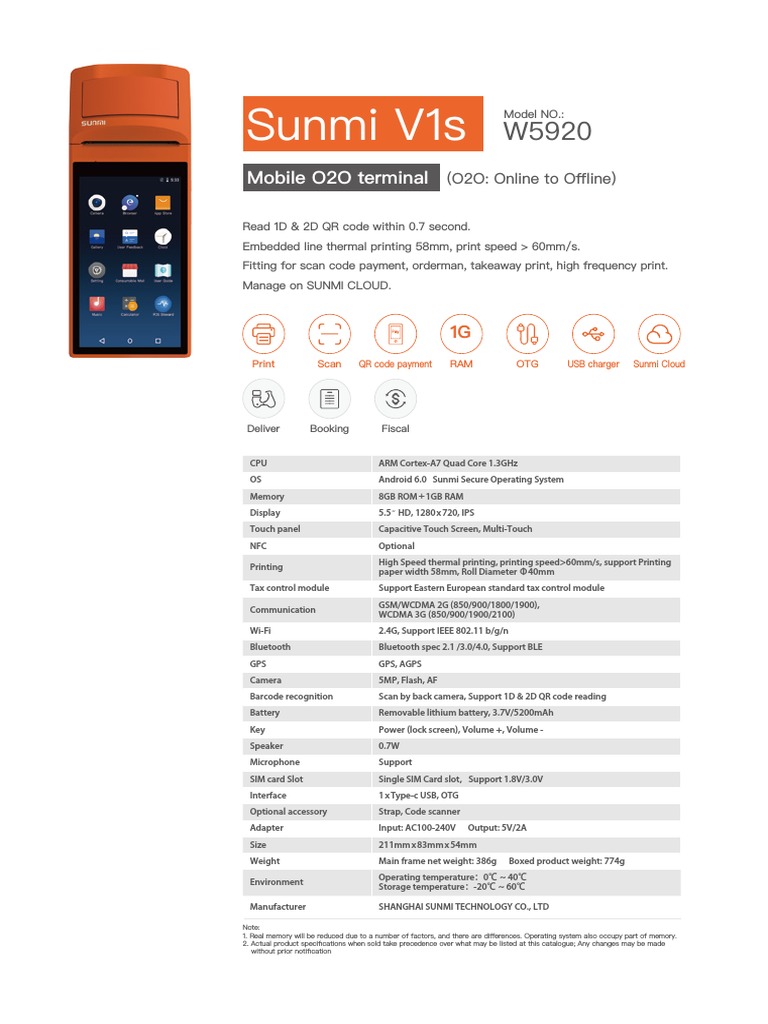 Sunmi V1s Spec HHDevice | PDF | Mobile Device | Qr Code