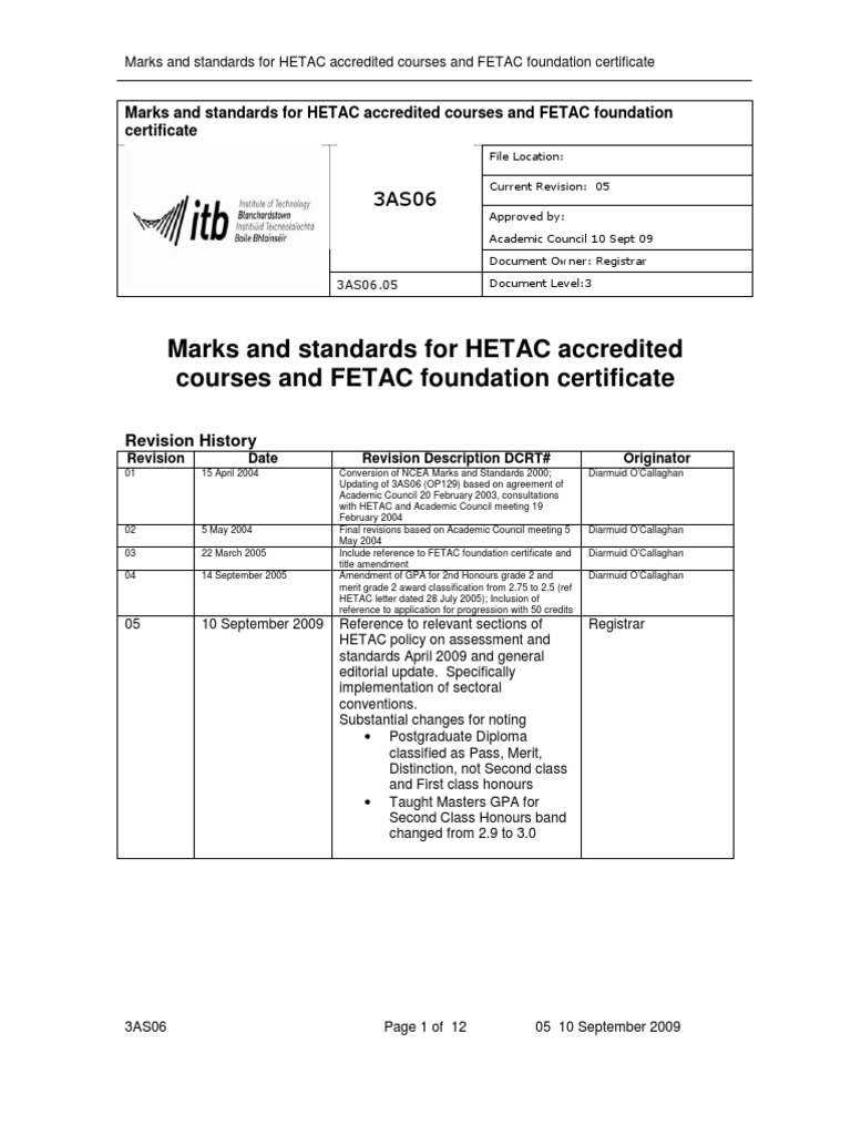 3AS06 Marks and Standards For HETAC Accredited Courses and FETAC ...