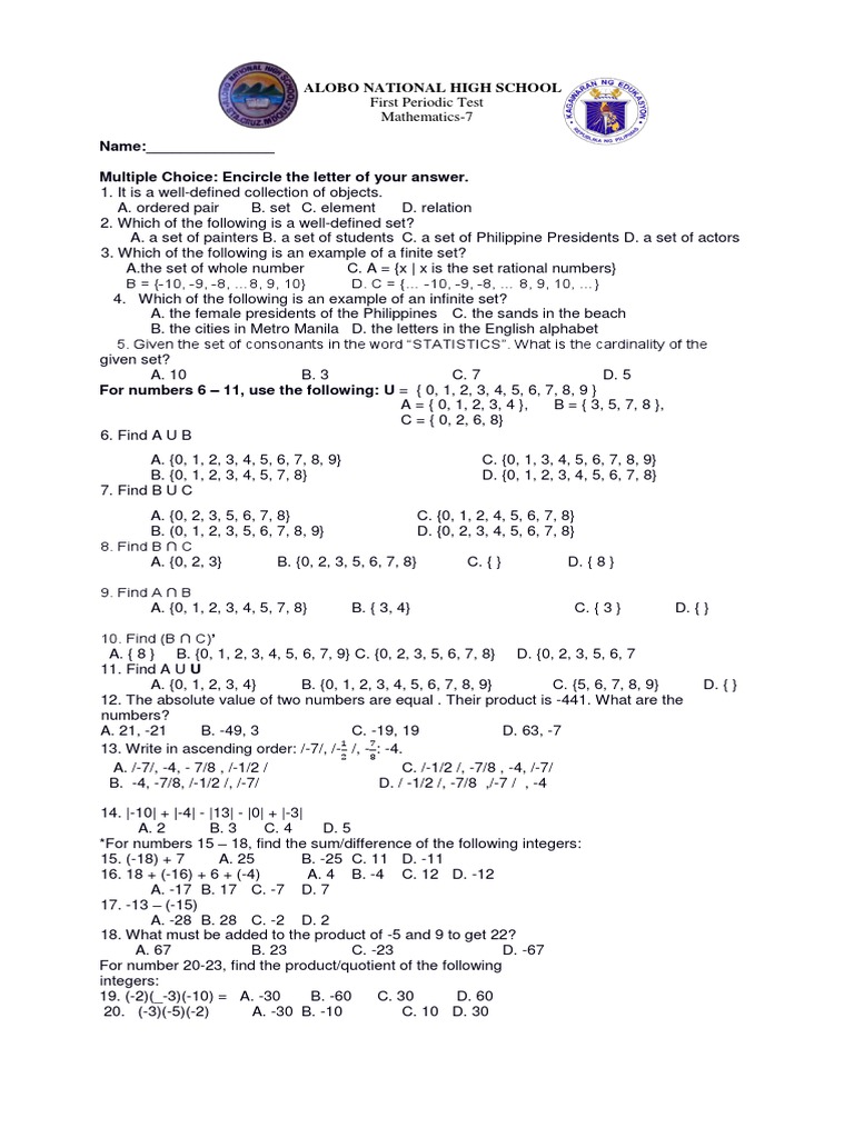 Grade 7 Math Test: Sets and Numbers | PDF | Discrete Mathematics | Algebra