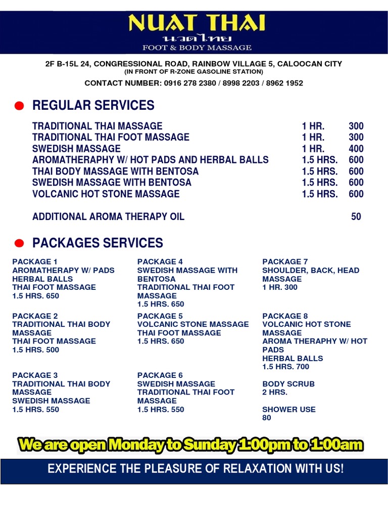 Nuat Thai Price List - UPDATED | PDF | Massage | Aromatherapy