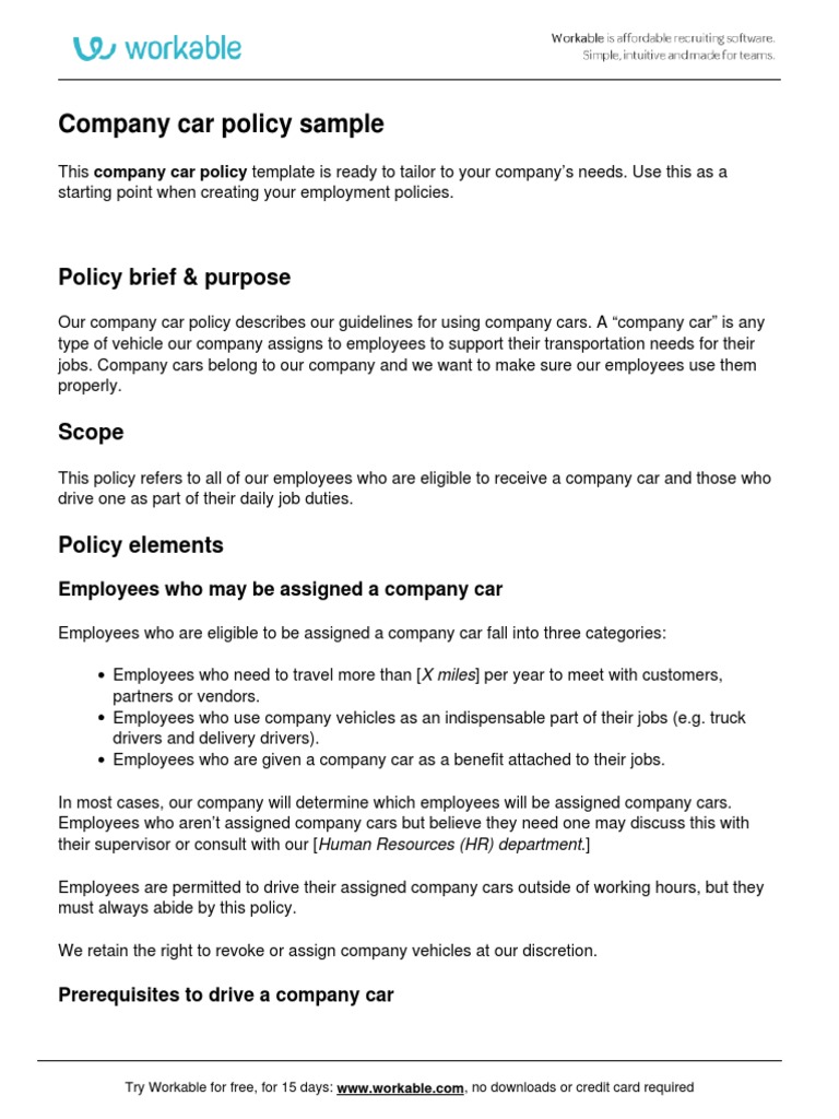 Company Car Policy Sample | Download Free PDF | Driving | Employment