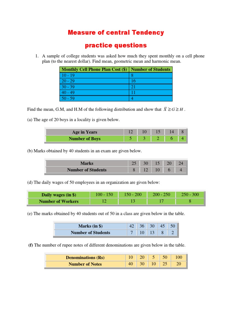 Central Tendency and Dispersion Exercises | PDF | Skewness ...