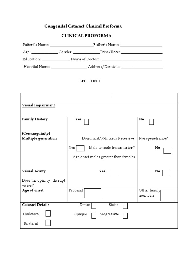 Congenital Cataract Clinical Proforma: Clinical Proforma | PDF